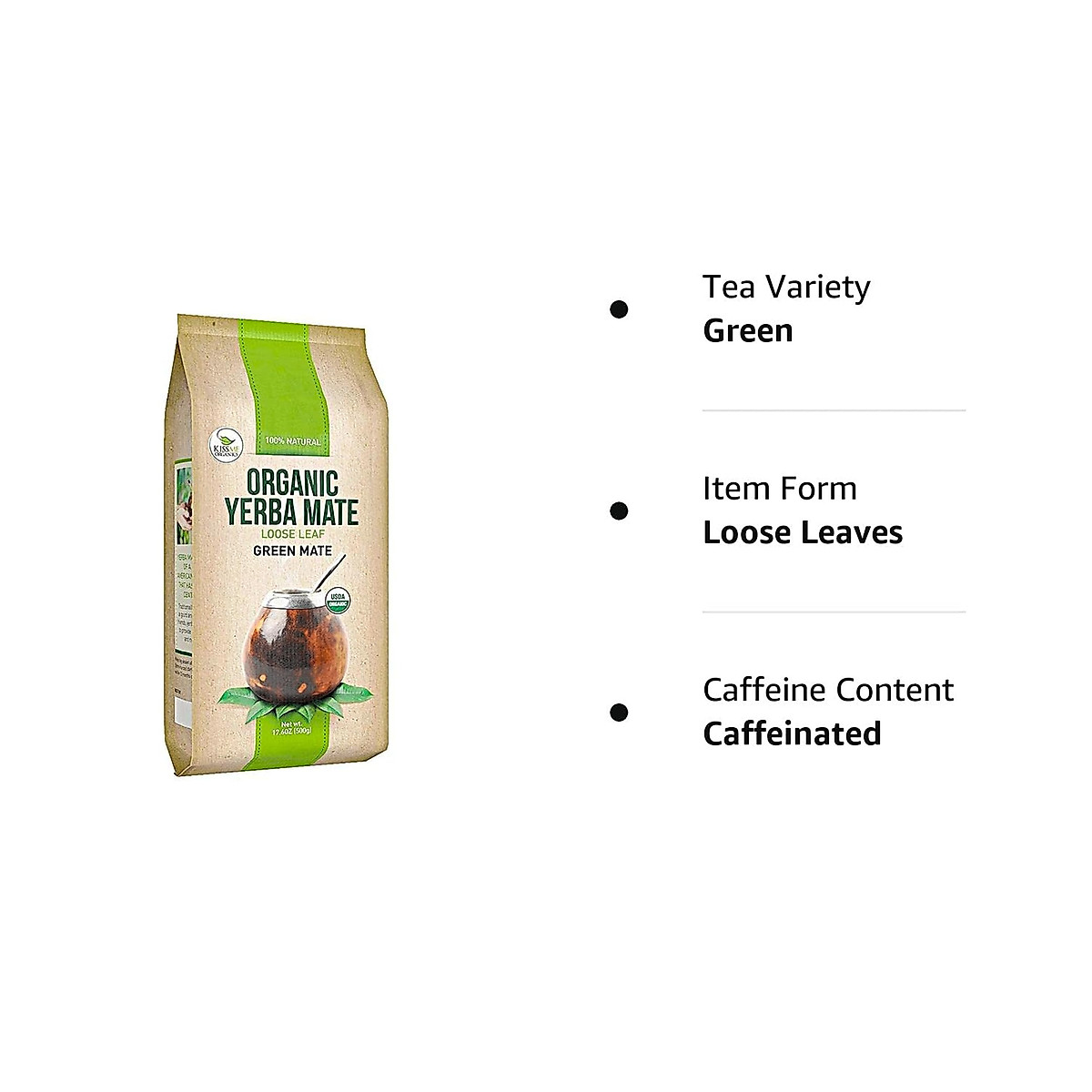 Kiss Me Organics Yerba Mate Tea - 17.6oz 100% Organic, Traditional, Loose Leaf Green Teas for a Hot or Cold Brew - Cultivated from Southern Brazil & High in Nutrients﻿
