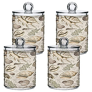 Kigai 2PCS Vintage Seashells Qtip Holder Dispenser with Lids - 14 oz Bathroom Storage Organizer Set, Clear Apothecary Jars Food Storage Containers, for Tea, Coffee, Cotton Ball, Floss