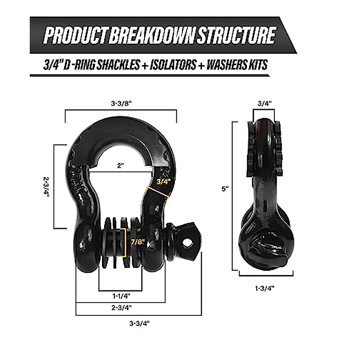 Reswish ESEWALAS 2 Pack 3/4" Shackles,41,887Ibs Break Strength with 7/8" Screw Pin and Shackle Isolator Washers Kit,Offroad Towing Accessories,Heavy Duty D Ring Shackle (Black)
