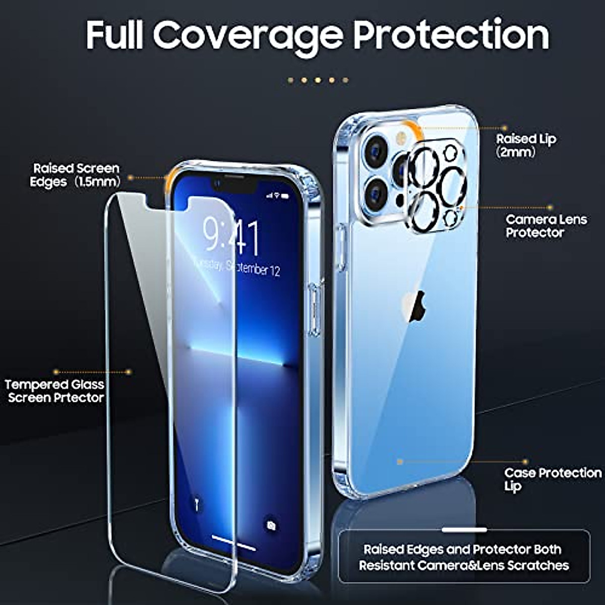 UniqueMe [5 in 1 Design for iPhone 13 Pro Max 6.7 inch Case, 2 Pack Screen Protector Tempered Glass + 2 Pack Camera Lens Protector, [Non-Yellowing] Shockproof Ultra Thin Protective Cover - Clear