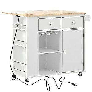 FRITHJILL Kitchen Storage Island with Power Outlet and Drop Leaf, Rolling Kitchen Cart with Spice Rack and Drawer, for Kitchen and Dining Room, White
