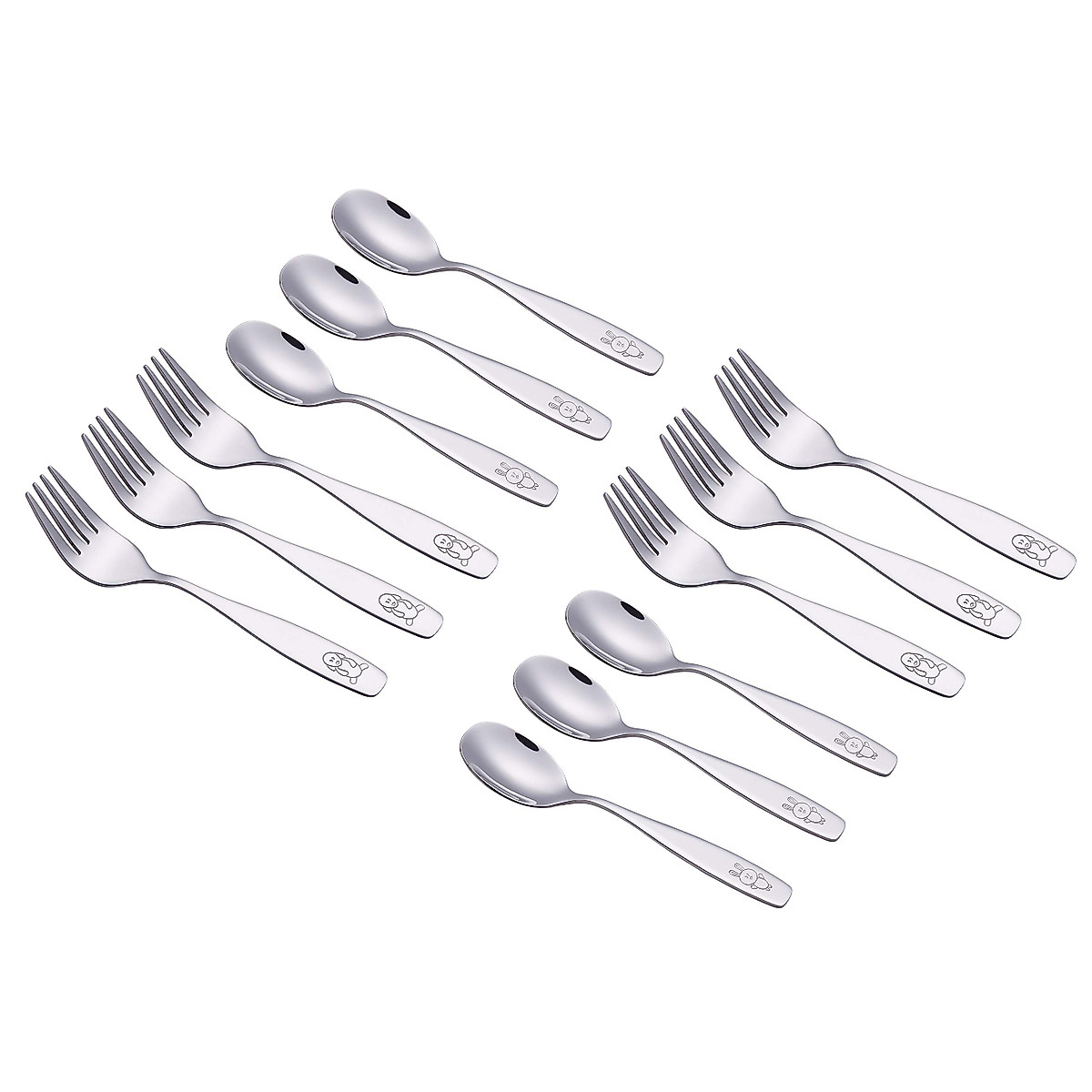 ANNOVA Kids Silverware 12 Pieces Children's Safe Flatware Set Stainless Steel - 6 x Safe Forks, 6 x Children Dinner Spoons, Toddler Utensils, Metal Cutlery Set for LunchBox (Engraved Dog Bunny) (12FS)