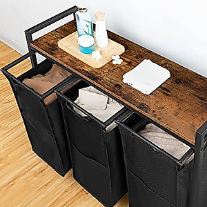 HOOBRO Laundry Hamper, Laundry Sorter 3 Section, Laundry Basket with Wheels, 3 × 10.5 Gal (39.8L), Rolling Cart, Pull-Out and Removable Oxford Fabric Laundry Bags, Rustic Brown and Black BF38XY01G1