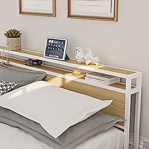 LIKIMIO Queen Bed Frame, Platform Bed Frame with 2-Tier Storage Headboard, Solid and Stable, Noise Free, No Box Spring Needed, Easy Assembly, White and Log