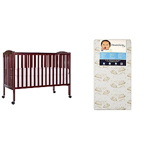 Dream On Me Full Size 2 in 1 Folding Stationary Side Crib with Dream On Me Spring Crib and Toddler Bed Mattress, Twilight