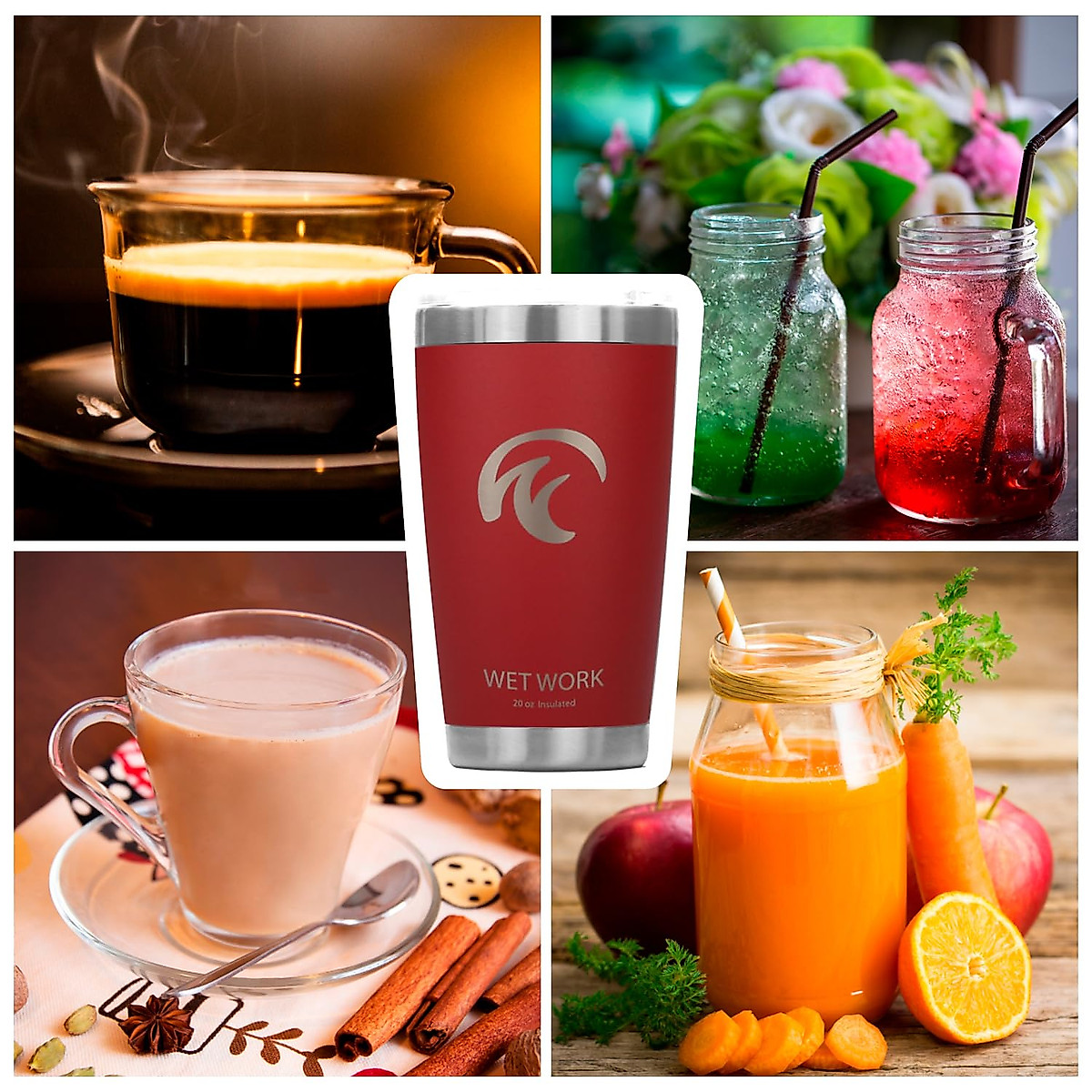 Wet Work Double Wall Tumbler 20 oz Made from Durable Stainless Steel for Hot and Cold Drinks - Insulated Travel Mug for Coffee Tea Wine with Leak Proof Lid for Travel Hiking Camping Gifts - Red