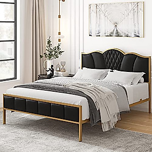 HITHOS Full Size Modern Upholstered PU Bed Frame with Tufted Headboard, Heavy Duty Platform Bed with Wood Slat Support, Noise Free, No Box Spring Needed (Black)