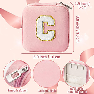 CY2SIDE Letter Velvet Travel Jewelry Case for Women - Pink Organizer for Ring, Earring, Necklace, Bracelet, Pendant - Vacation Gift for Lovers (Letter C)