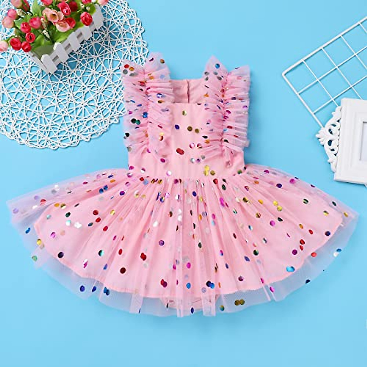 Baby Girls 1st Birthday Outfit Colorful Polka Dots Print Tulle Romper Ruffle Shoulder Straps Sleeveless Square Neck Princess Party Tutu Dress Cake Smash Clothes for Photo Shoot Pink 12-18 Months