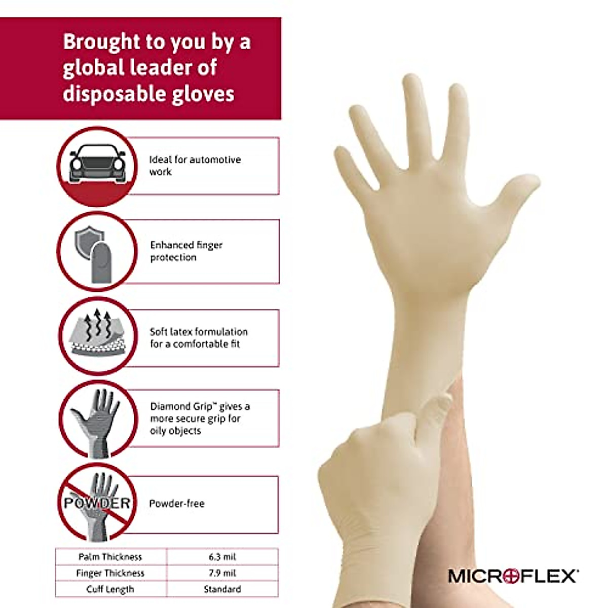Microflex Diamond Grip MF-300 Disposable Latex Gloves for Automotive, Machinery Industries - Large, Natural Clear (Case of 1000)