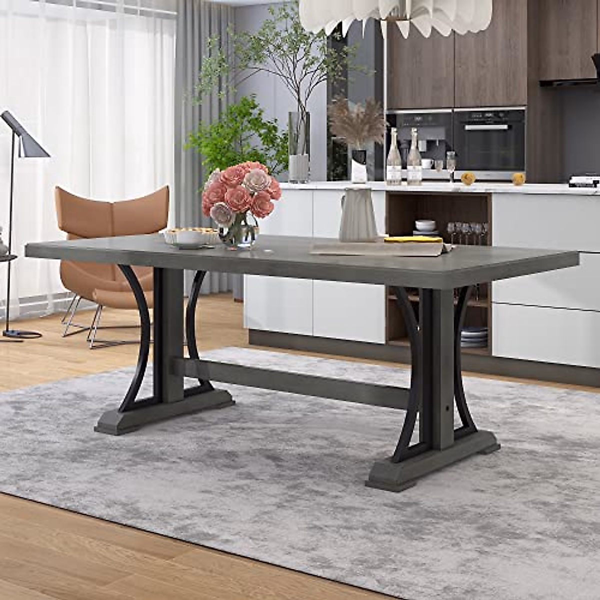 POCIYIHOME 78" Retro Style, Wood Farmhouse Rectangular Family Dinner, Seats up to 8, Indoor/Outdoor Dining, Kitchen Table (Gray)