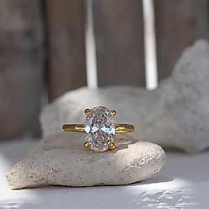 LEMON GRASS 3.5ct Oval Solitaire Engagement Ring Thin Band in Sterling Silver 925 14K Yellow Gold Plating Size 6