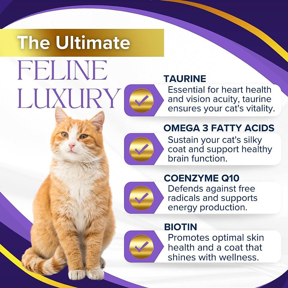 Royal Whiskers Vitality Gold: Feline Health Chews - Omega 3,Taurine,CoQ10, & Biotin Rich - Vet-Formulated for Cell,Heart,Brain, Vision Wellness - 90 (3g) Chews, Made in USA