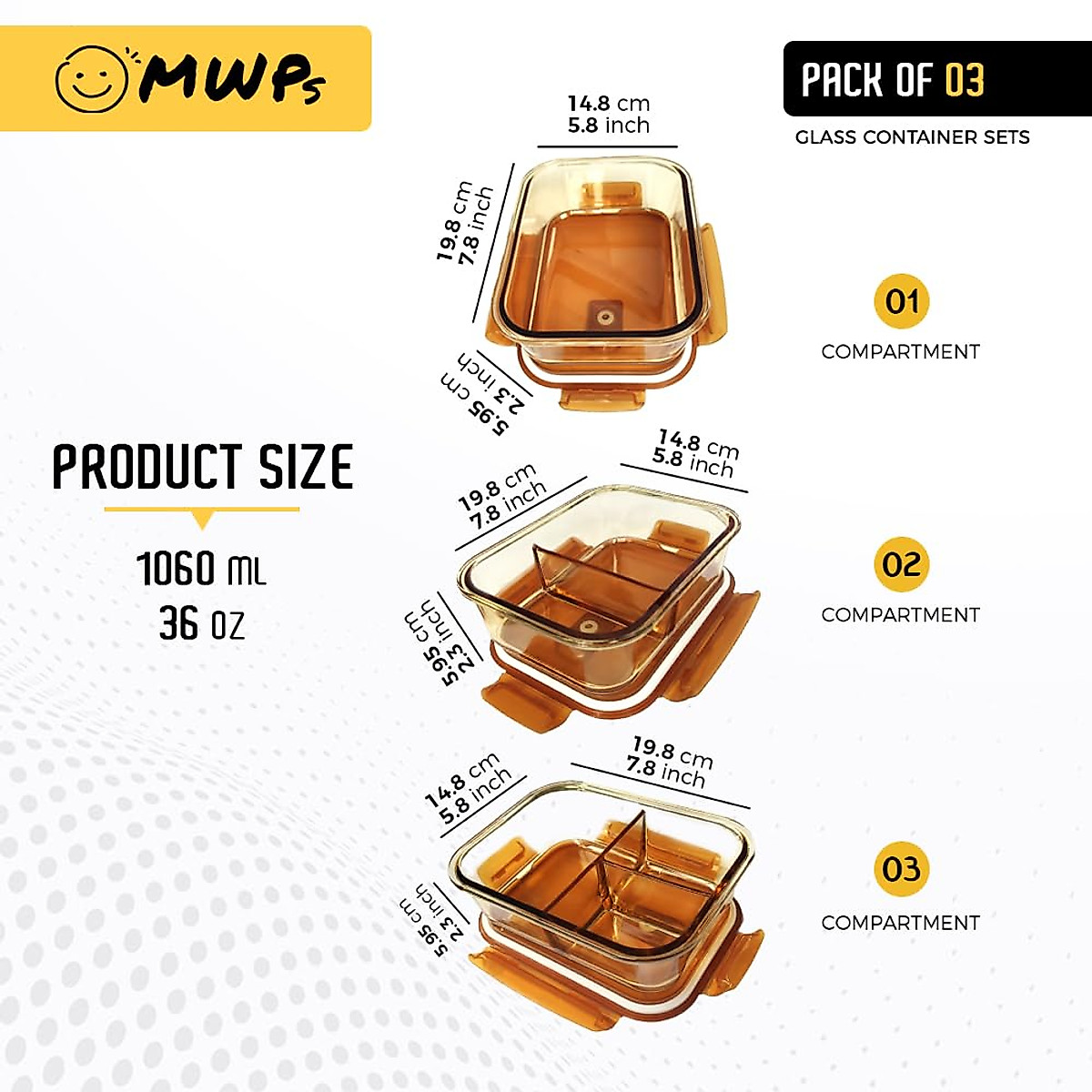 Glass Meal Prep Containers - 1, 2 & 3 Compartment (3 Pack, 36 oz), Reusable Glass Food Storage Containers with Lids, Bento Box Glass for Meal Prep