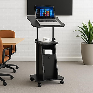 Tangkula Mobile Laptop Podium, Height Adjustable Sit to Stand Desk with Tilting Desktop & Storage Cabinet, Ergonomic Rolling Lectern Cart Laptop Desk, Office Podium Stand on Wheels (1)
