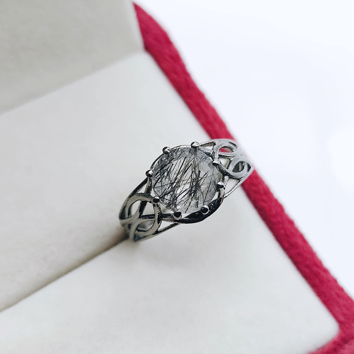 Natural Black Rutilated Quartz Ring For Women Round Shaped Gold Ring 925 Sterling Silver Ring Delicate Ring Statement Ring Promise Ring For Women Gift By FOREVER GEMS & JEWELS Rose Gold/Green/White