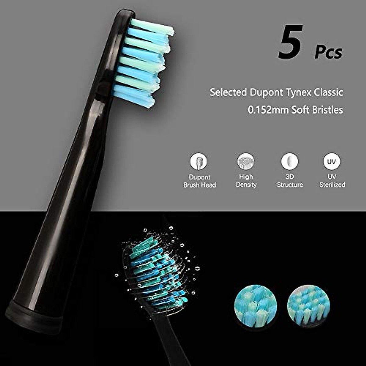 YUNCHI Toothbrush Replacement Heads Compatible with Fairywill FW-D1/D3/D7/D8/507/508/551/917/959, Gloridea, Sboly, WOVIDA, Y1 Sonic Electric Toothbrushes, 5 Pack - Black