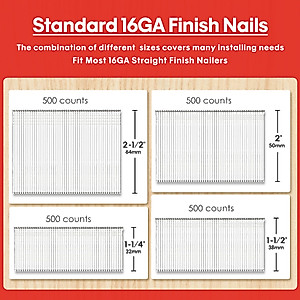 SHALL 16 Gauge Finish Nails, 2000-Count (1-1/4, 1-1/2, 2, 2-1/2 Inch) 16GA Galvanized Finishing Nails Assorted, Nail Gun Nails & Small Finishing Nails Assortment for Pneumatic, Electric Finish Nailer
