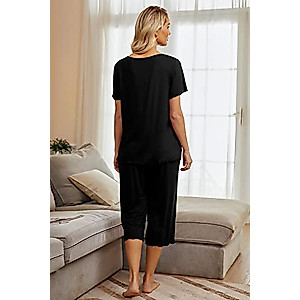 PrinStory Womens Pajama Sets Pajamas for Women Pajamas for Women Set Capri Pajama Pants Loungewear Sleep Sets for Women Soft Pjs for Women Set (Black L)