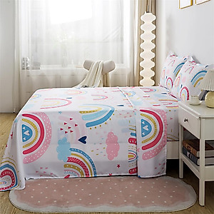 qjmiaofang Rainbow Sheets for Girls Twin Size Rainbow Bed Sheets 3Pieces Cartoon Rainbow Flat Sheet Little Rainbow Fitted Sheet with Clouds Rainbow Bedding 1 Flat Sheet 1 Fitted Sheet 1 Pillowcase