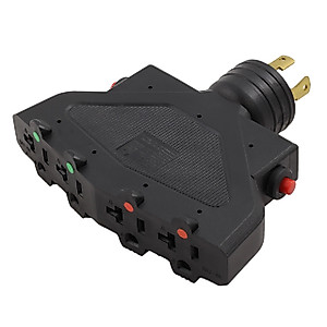 AC WORKS L14-30 30Amp 4-Prong Locking Generator Distribution Cord (L14-30 to Four 15/20A Household with Breaker)