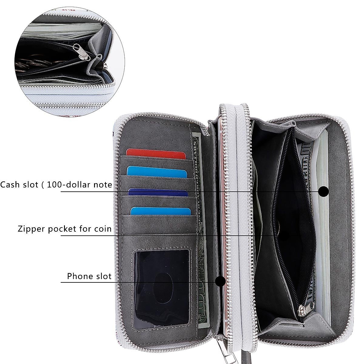 Women's Double Zipper Wallet Large with Removable Wristlet Clutch Cellphone Bag with Wristlet and ID Window(Blue morning glory)