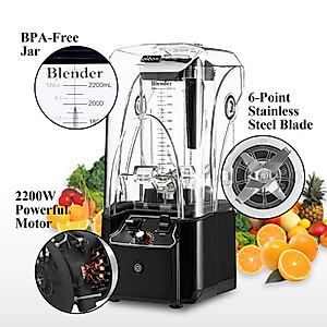 Commercial Blender for Smoothies 2200W With Soundproof Cover, 2200 ML, 15 Speeds, 6-leaves Stainless Steel Blade, Heavy Duty Blender for Restaurant, Smoothie, Puree, Ice Crush, Shakes