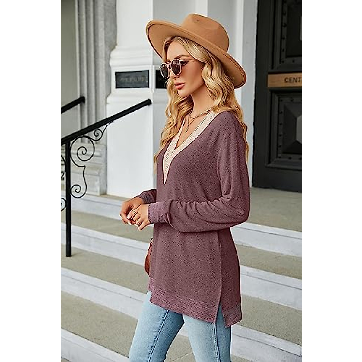 Keificle Women's V-Neck Pullover Color Blocking Long Sleeves Side Split Fall Tunic Tops (Large, 02_Purplish red)