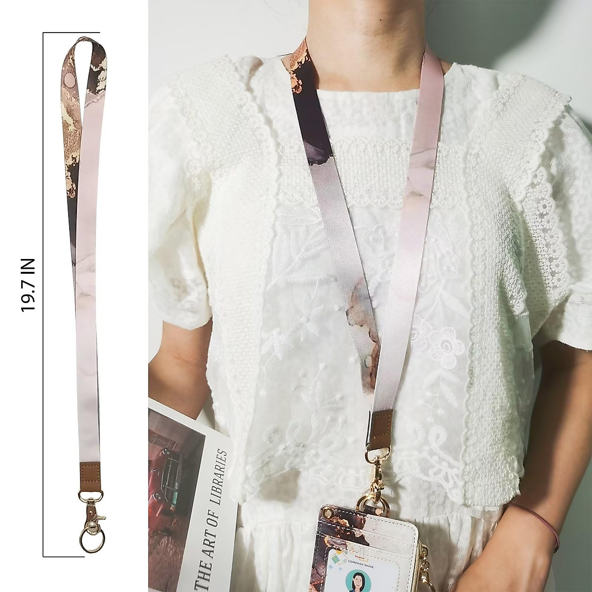 bolimoss Wrist and Detachable Neck Lanyards for Keys, Neck & Wrist Lanyards Keychain Set with Retractable Badge Reel for ID Badge Holder, Key Chain for Nurse,Teacher,Student, Offices (Marble)