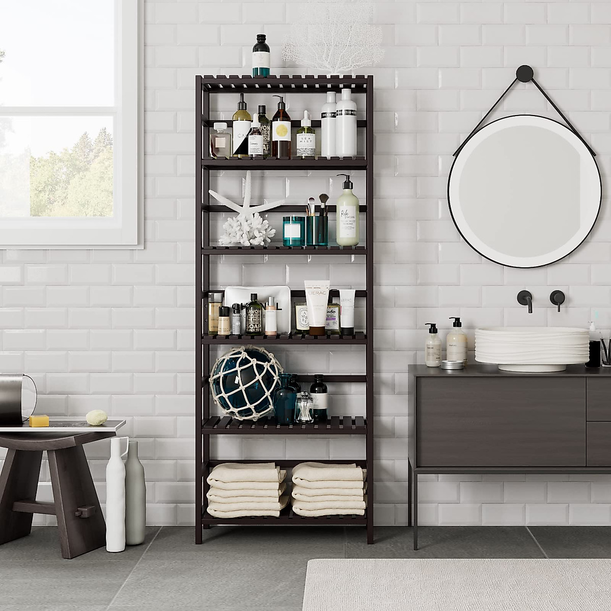 Bamjoy Bamboo Shelf, 6 Tier Bookcase Storage Shelves, Tall Book Rack Shelving Unit, Multipurpose Storage Display Shelf Adjustable Storage Rack for Bathroom Home Office Living Room Kitchen, Dark Brown