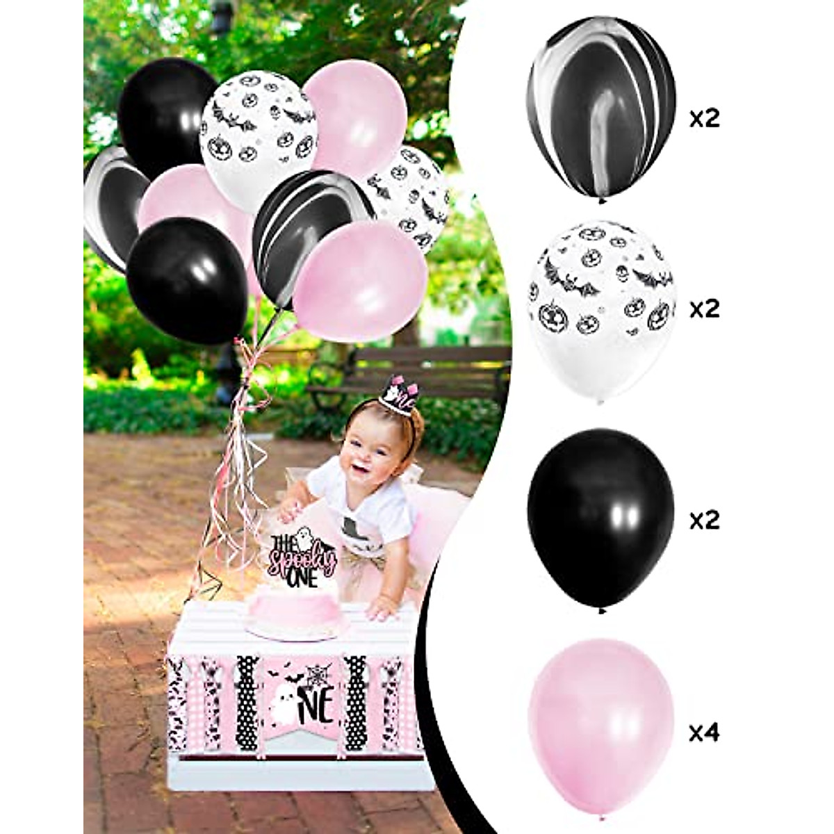 Pink Halloween 1st Birthday Party Decorations Spooky One High Chair Banner Boo Cake Topper Ghost Crown Hat White Black Bat Balloons for Baby Girl Souvenir Gifts Cake Smash Photo Prop Backdrop Supplies