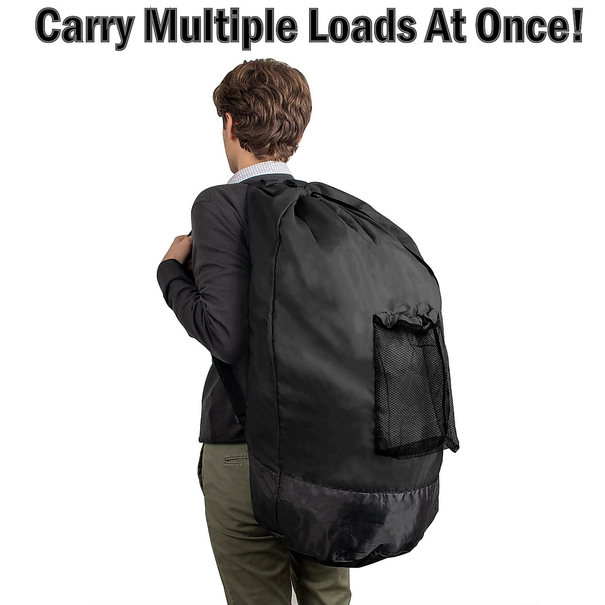 Laundry Bag Backpack with Shoulder Straps and Mesh Pocket Clothes Hamper Bag with Drawstring Closure for College, Travel, Laundromat, Apartment (Charcoal Grey)