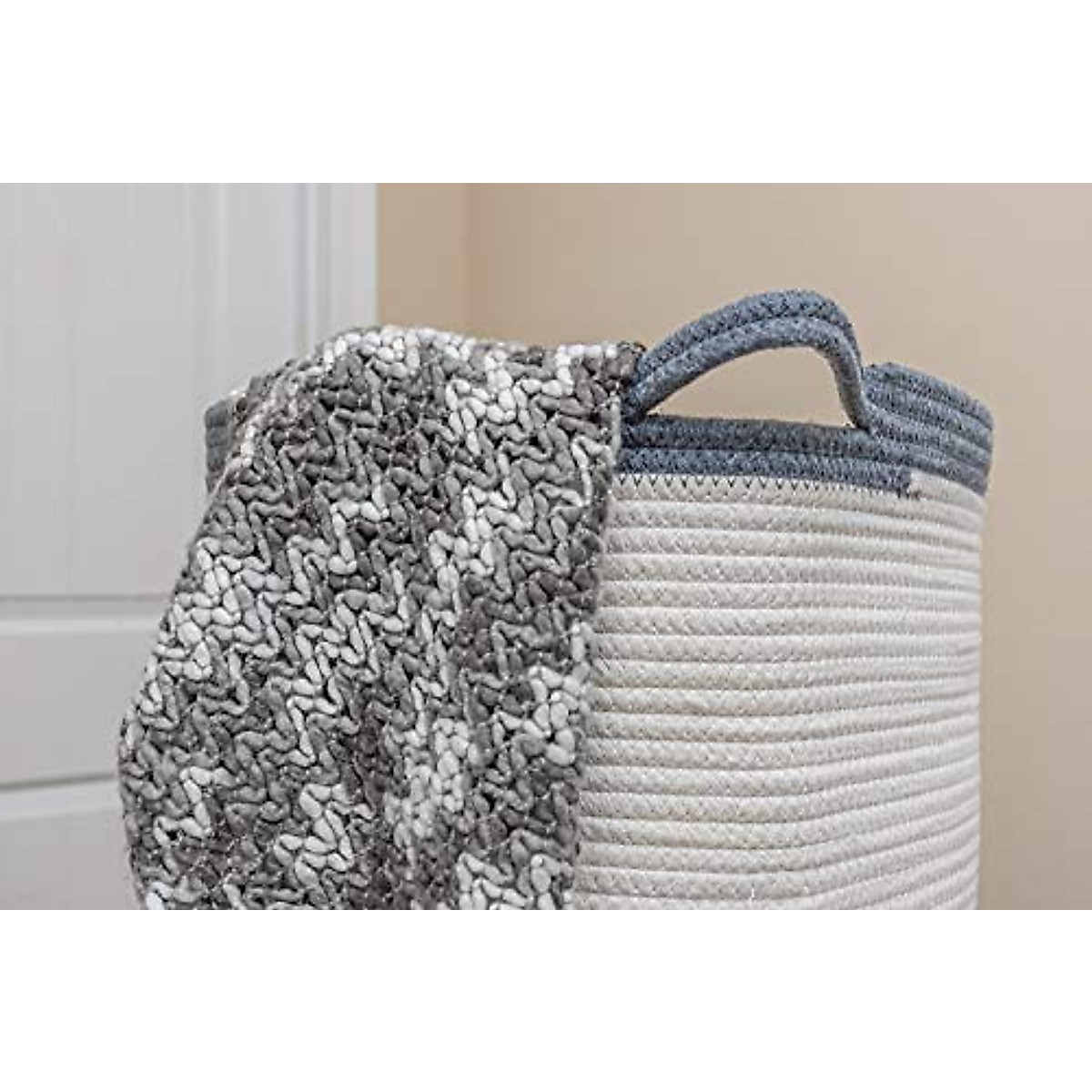 DIIMES Large Cotton Storage Basket (18 x 16 x 16 Inches) Tall Woven Basket with Handle for Blankets, Living Room, Baby Nursery, Laundry, Toys, Storage Bins- 100% Natural Cotton Materials