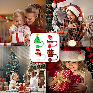 Avky 4 Pcs Christmas Straw Cover Cap for Stanley Cup, 10mm 0.4in Stanley Accessories Xmas Straw Toppers Cap with 30&40 Oz Tumbler with Handle Dust-Proof Reusable Straw Tips Lids for Christmas Gifts