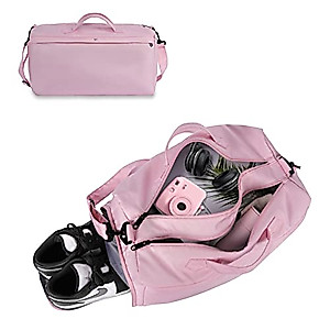 Sports Travel Gym Bag for Women, Workout Duffel Bag Overnight Shoulder Bag with Shoes Compartment and Wet Pocket Ladies Weekend Bag Carry on Luggage Bag for Airplane Beach Pink