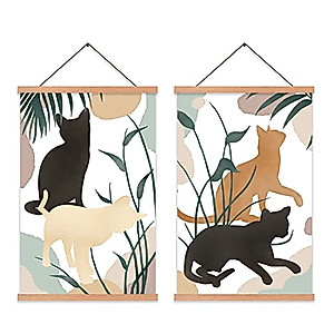 CHDITB Cat Wall Decor, Modern Colorful Boho Black Cats Wall Art, Cute Kitty Hanger Frame Poster, 28x45cm Abstract Palm Leaves Black Cat Wall Hanging Art Painting For Home Living Room Bedroom Decor