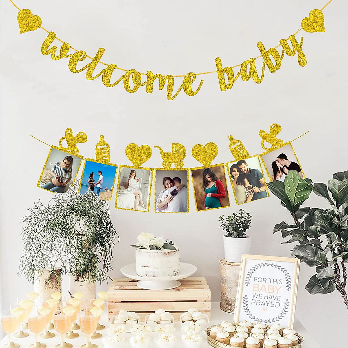 Baby Shower Decorations Gold- Welcome Baby Banner Pre-Strung & Baby Shower Photo Banner for Girls or Boys Baby Shower Gender Reveal Party Decor Supplies Baby Party Photo Booth Props