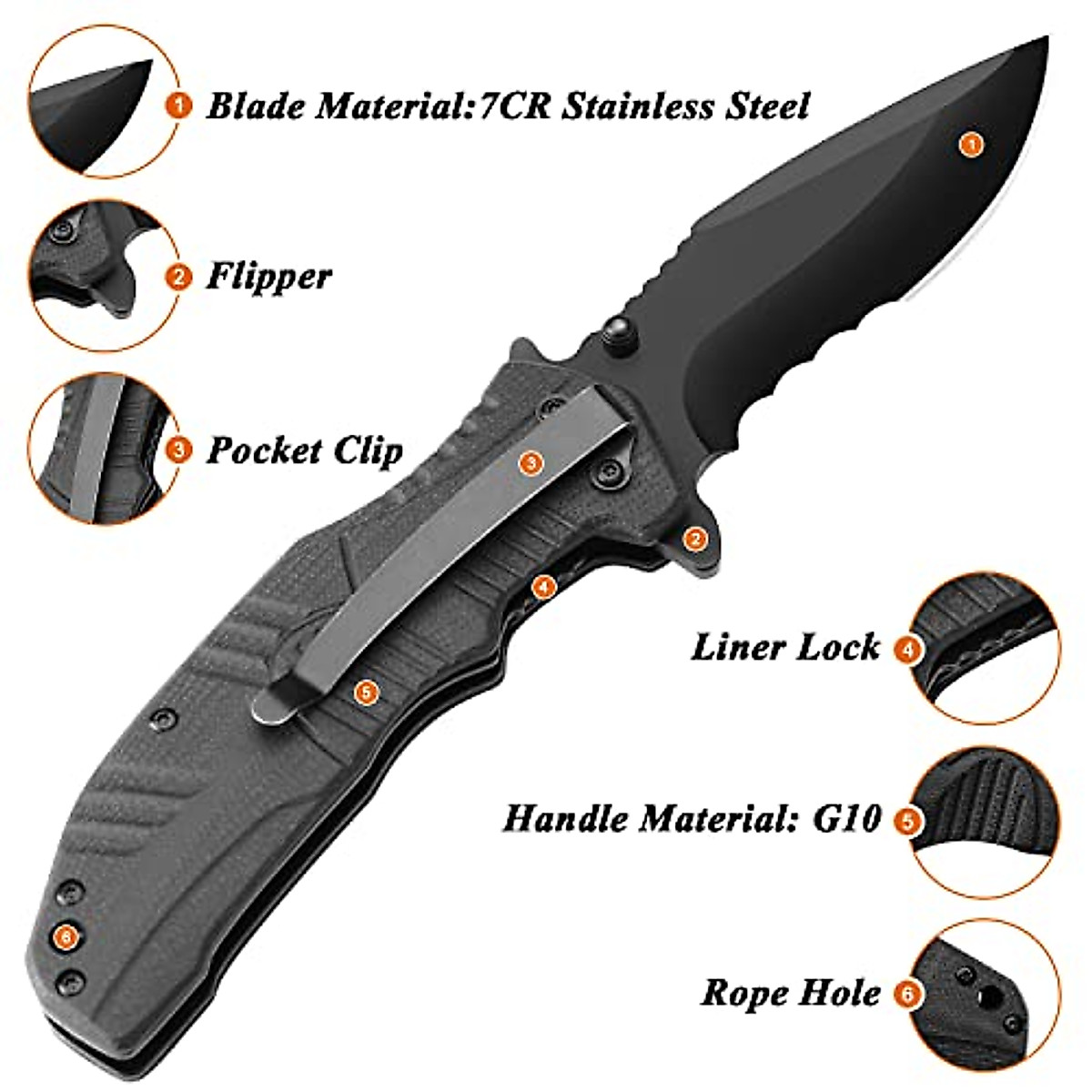 TACTIMAN Pocket Folding Knife Survival Gear Tactical Knife with Liner Lock Stainless Steel Blade in Black Oxidation G10 Handle Reversible Pocket Clip Gifts for Men Dad Husband
