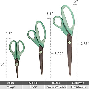BambooMN Titanium Softgrip Scissors Set for Sewing, Arts, Crafts, Office - 1 set of 3 - Mint Green