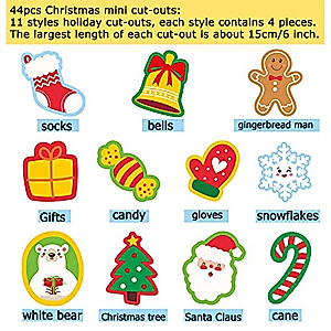 Whaline Christmas Mini Colorful Cut-Outs 44Pcs Assorted Holiday Cut-Outs Santa Xmas Tree Snowflake Classroom Winter Decoration for Bulletin Border Office Party Favor Supplies, 11 Designs