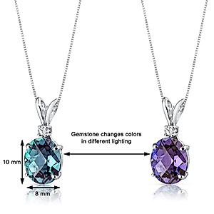 PEORA Created Alexandrite with Genuine Diamond Pendant 14K White Gold, Color-Changing Solitaire, 3.30 Carats Oval Shape 10x8mm