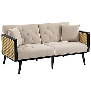 Lin-Utrend Velvet Loveseat Sofa with Rattan Armrest,61" Convertible Futon Sofa Bed,Sleeper Sofa Couch Loveseat for Small Space,Living Room,Apartment