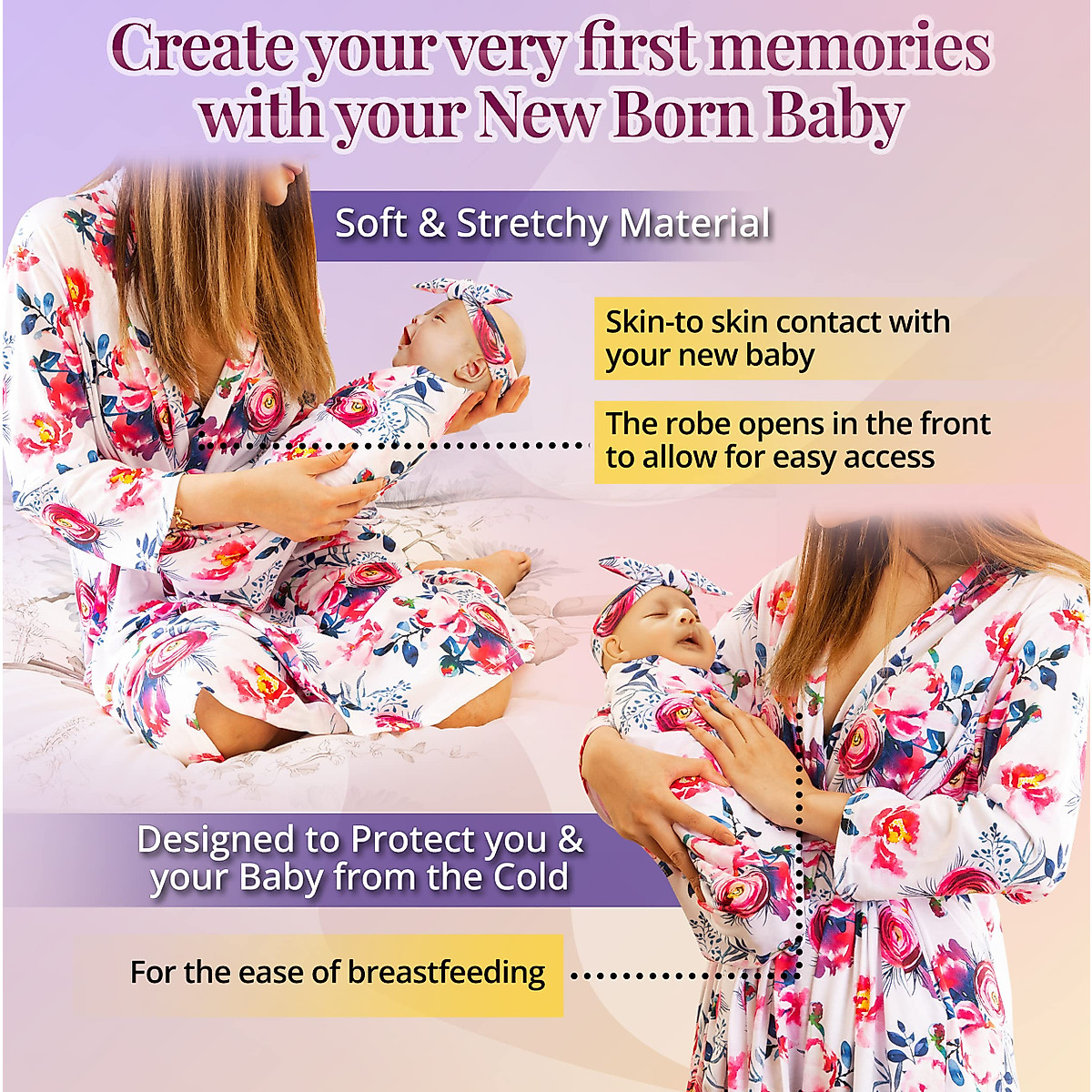 EPORMOT Mommy and Me Robe and Swaddle Set - Maternity Robe & Baby Swaddle Blankets - Matching Maternity Robe and Matching Baby Set - Soft & Comfortable Newborn Swaddle Blanket
