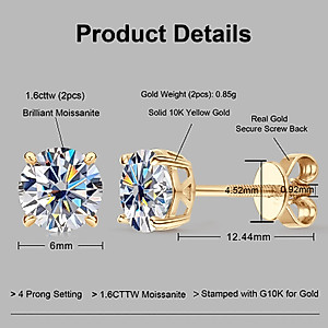 RAPRGOLD Moissanite Stud Earrings Lab Created 10K Real Yellow Gold Earrings Jewelry Gifts for Women Men, Solitaire Round Cut Moissanite Studs for Men Solid Gold in Secure Screw Back 1.60cttw 6mm