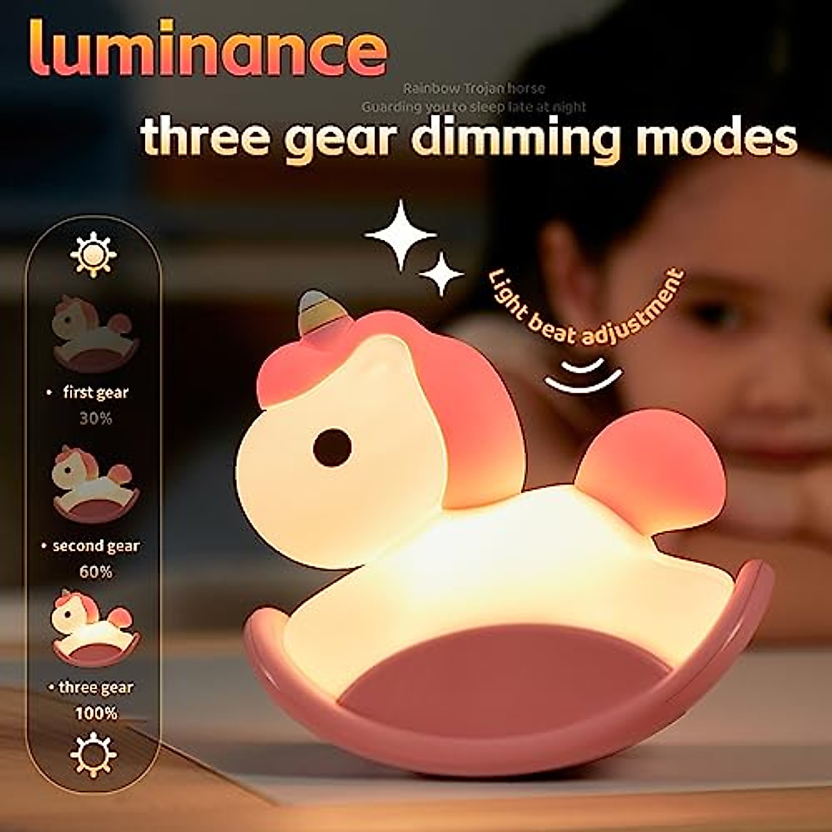 Kettalk Rocking Horse Night Light, Silicone Dimmable Nursery Nightlight LED Squishy Night Lamp with Timing,USB Rechargeable Bedside Touch Lamp for Kids Bedroom (Pink)