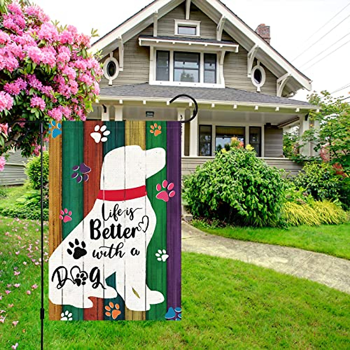 Life is Better With A Dog Pet Garden Flag 12 x 18 Double Sided, Burlap Small Dog Paw Farmhouse Garden Yard Flags for Seasonal Outside Outdoor House Decoration (Only Flag)