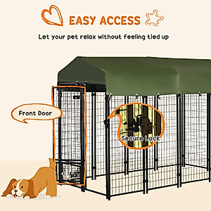 PawHut 8' x 4' x 6' Outdoor Dog Kennel with Rotating Bowl Holders, Walk-in Pet Playpen, Welded Wire Steel with Water and UV-Resistant Canopy, Green