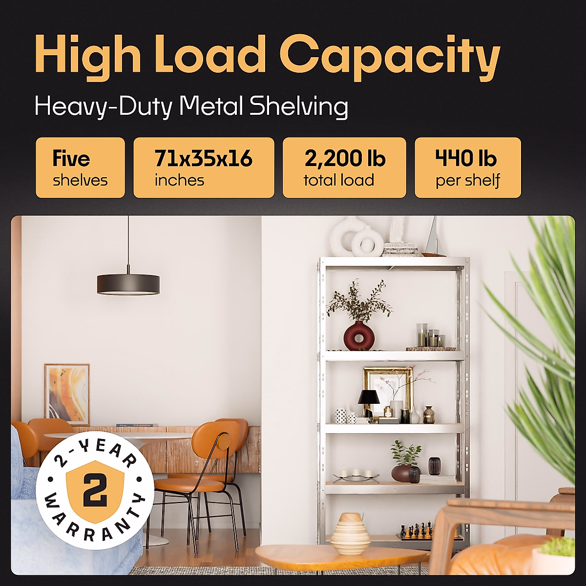 Metalkas Storage Shelves: 5 Storage Shelves Heavy Duty w/ 2,200 lb Total Load Capacity, 440 per Storage Shelf, 71x35x16 Perfect Solution for Your Storage Needs, Adjustable Shelving Unit