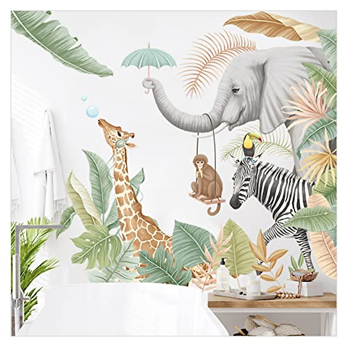 Africa Jungle Animal Wall Stickers,giraffe elephant Zebra Monkey plant Wall Decals, Peel and Stick Removable Wall decor, Diy Art Mural Decoration,Jungle Wallpaper for Kids Baby Nursery Kindergarten Living Room Toddler boys Girls Bedroom