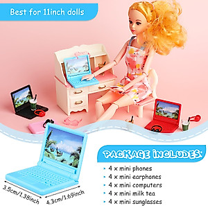 20 Pieces Dollhouse Accessories Doll Travel Accessories Mini Laptop Computer Phone Toy Miniature Glasses Headset Drink Toys Plastic Doll Accessories for Dolls (Classic Style)